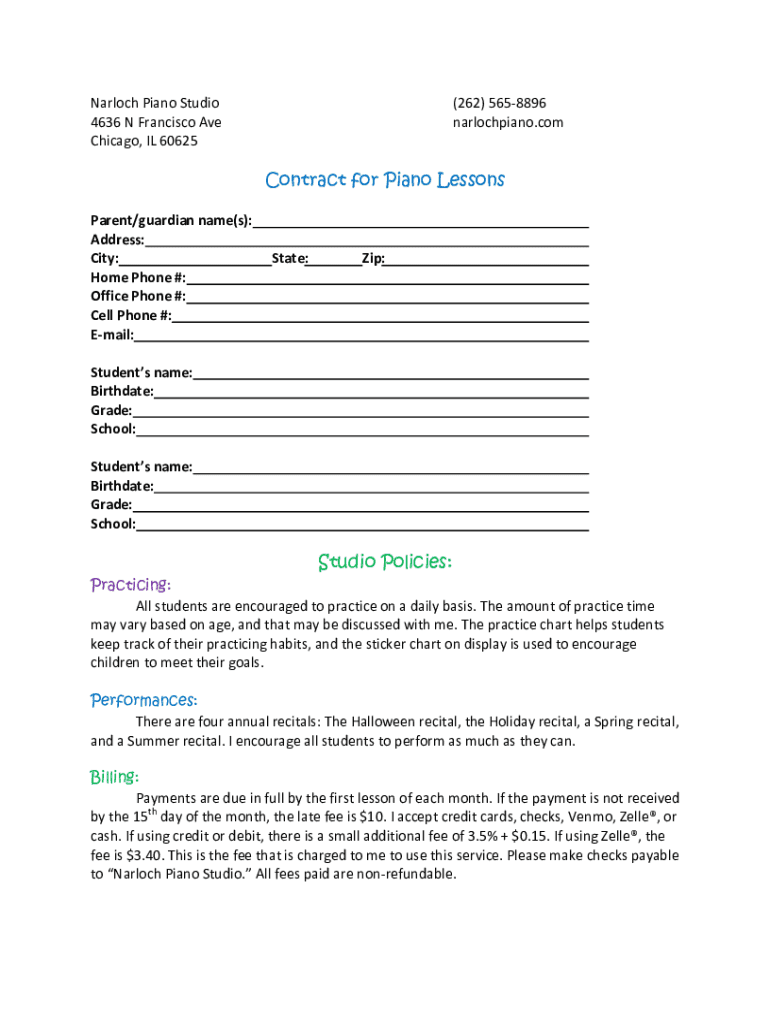 Fillable Online Contract for Piano Lessons Studio Policies: Fax Email ...