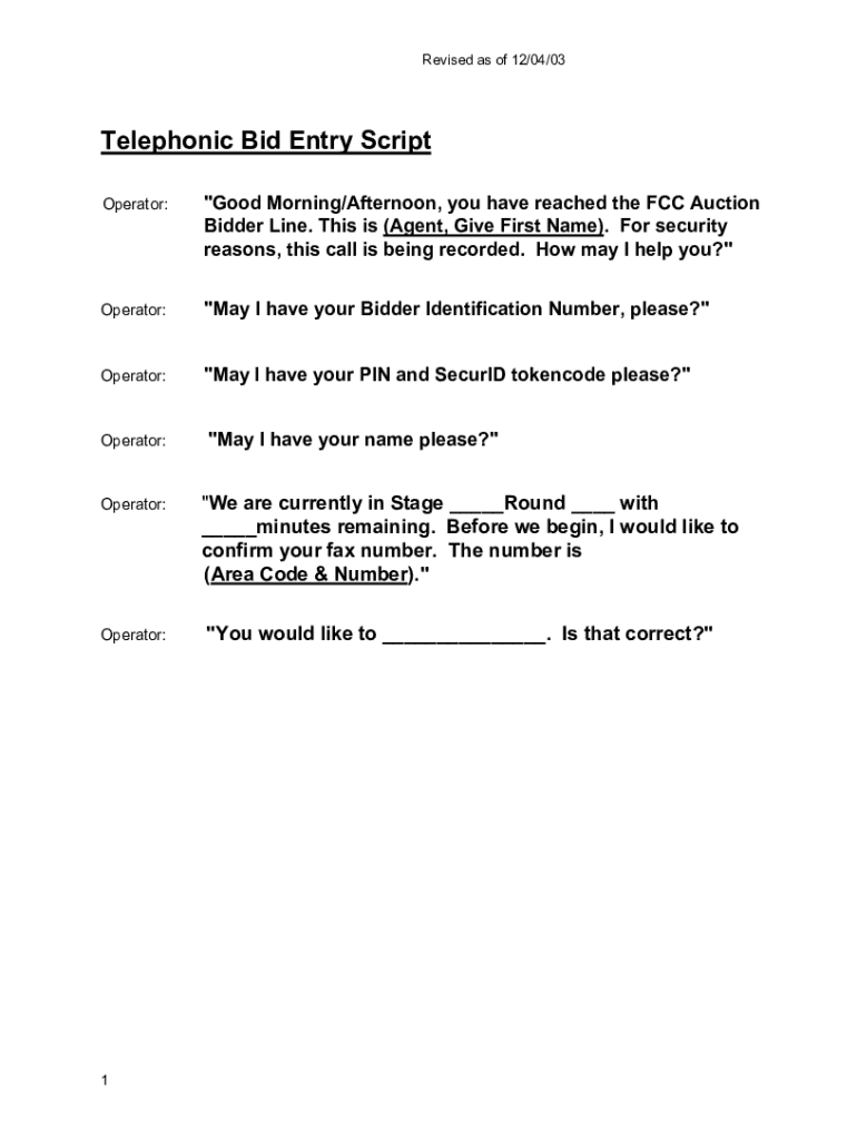 Fillable Online Telephonic Bid Entry Script Fax Email Print - pdfFiller