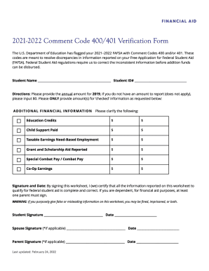 Fillable Online 2021-2022 Comment Code 400/ 401 Verification Form Fax ...