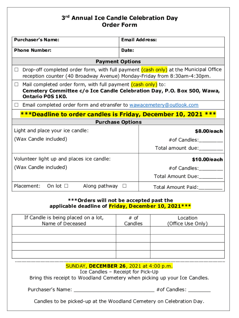 Fillable Online 3rd Annual Ice Candle Celebration Day Order Form Fax ...