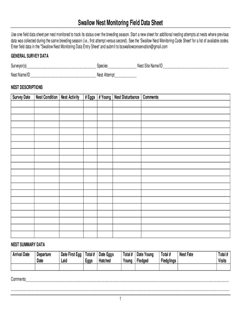 Fillable Online Control Sheets for Tracking Tree Swallow Nesting ...
