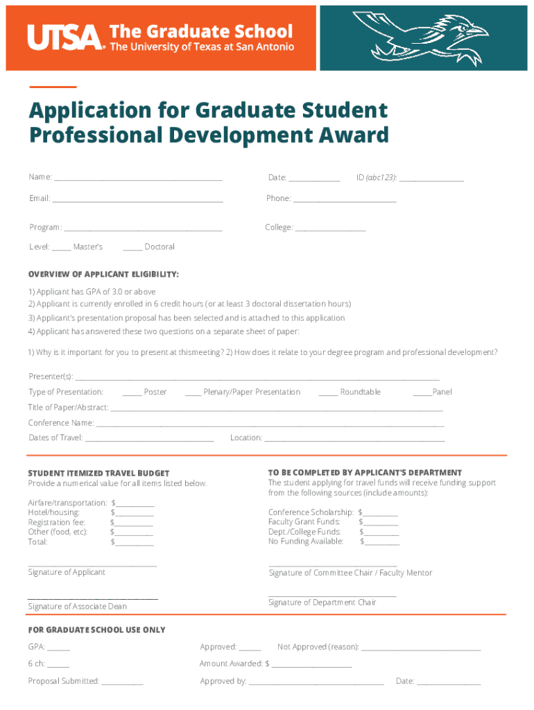 Fillable Online Application for Graduate Student Professional ... Fax ...