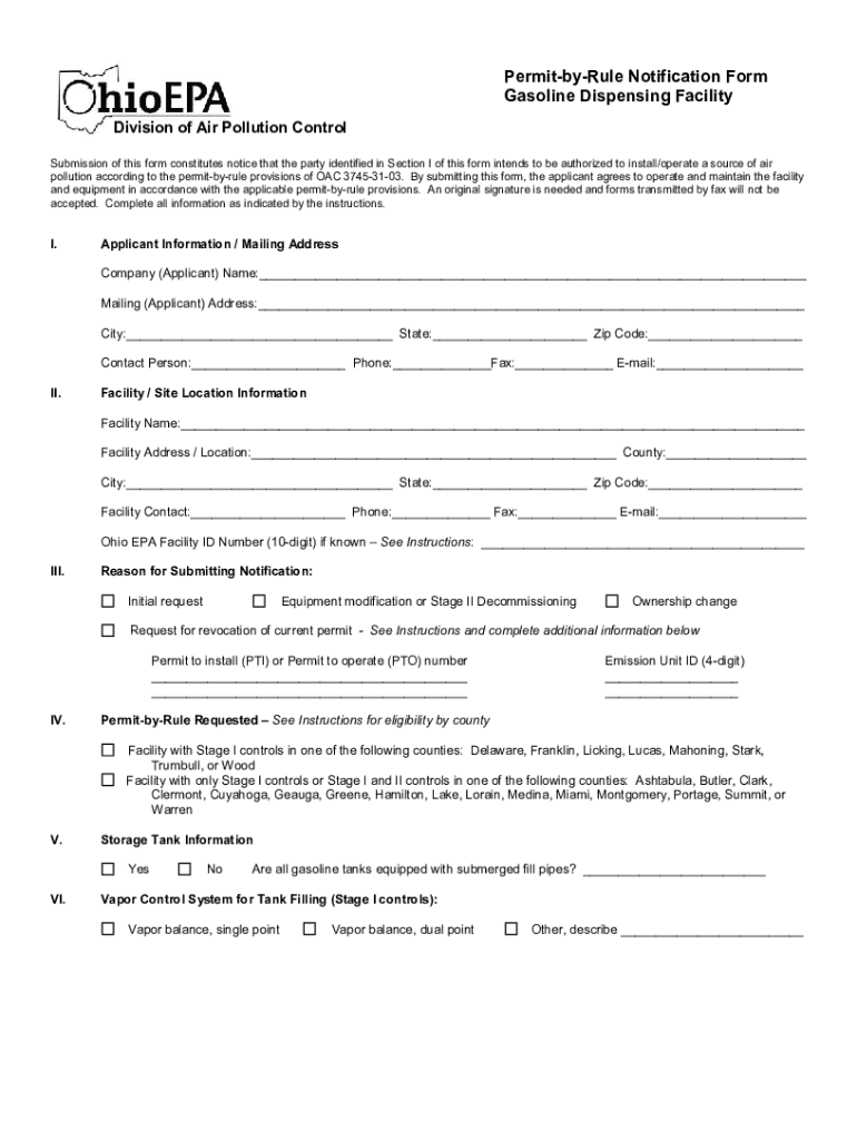 Fillable Online epa ohio Permit-by-Rule Notification Form Gasoline ...