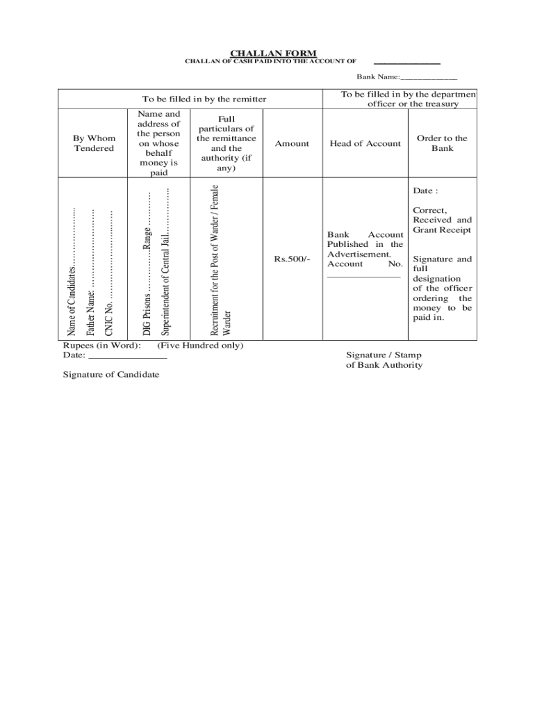 Fillable Online prisons punjab gov T.R Form No. 7 (Challan for Deposit ...