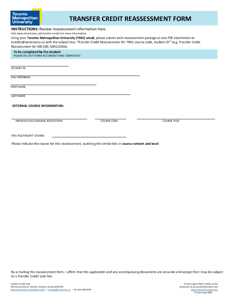 Fillable Online TRANSFER CREDIT REASSESSMENT FORM Fax Email Print - pdfFiller
