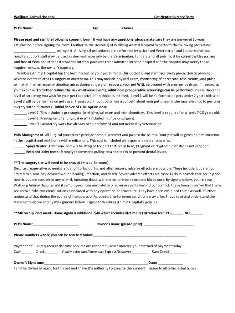 Fillable Online Wallburg Animal Hospital Cat Neuter Surgery Form Pet's ...
