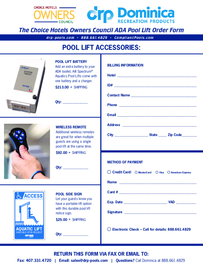 Fillable Online The Choice Hotels Owners Council ADA Pool Lift Order ...