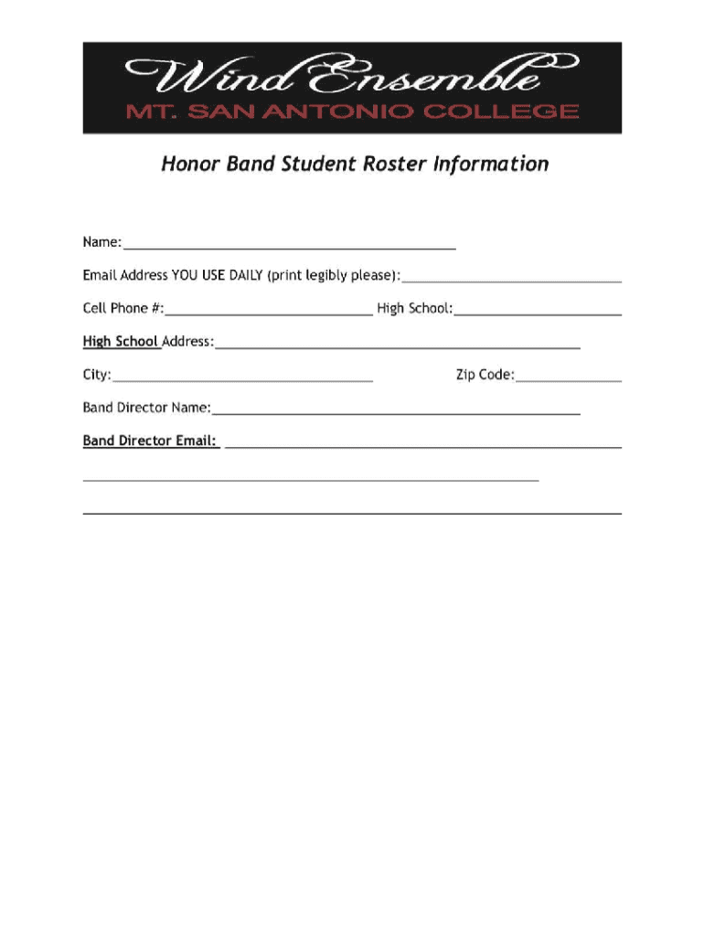 Fillable Online Honor Band Student Roster Information Fax Email Print ...