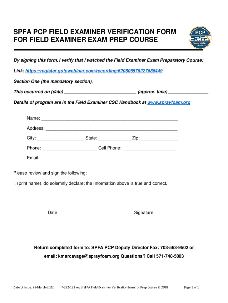Fillable Online SPFA PCP FIELD EXAMINER VERIFICATION FORM FOR ... Fax ...