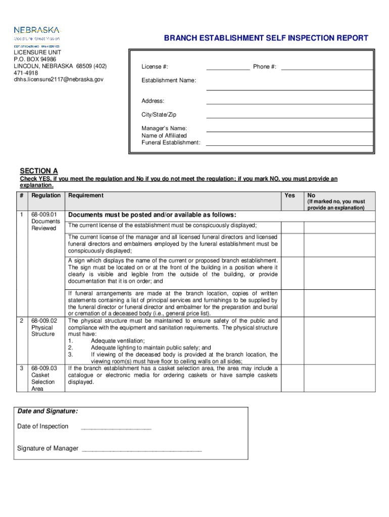 Fillable Online dhhs ne BRANCH ESTABLISHMENT SELF INSPECTION REPORT Fax Email Print - pdfFiller