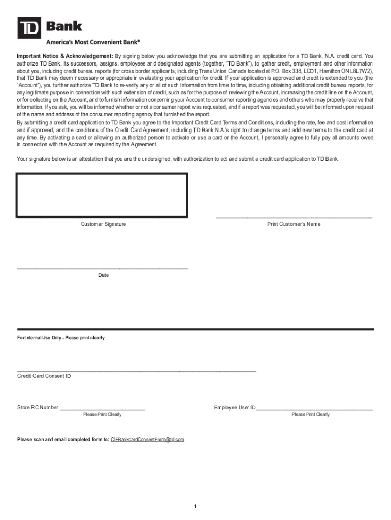 Fillable Online TD First Class SM Visa Signature Card Important Credit ...
