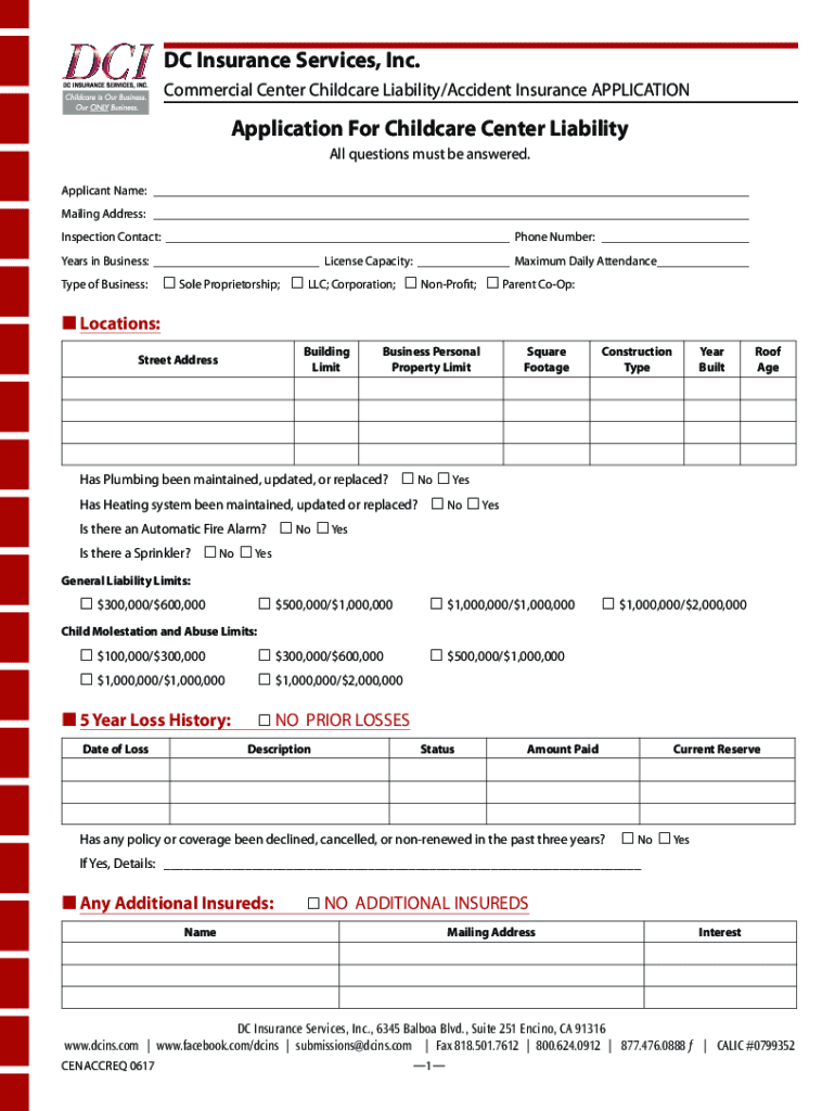 Fillable Online Application For Childcare Center Liability Fax Email ...