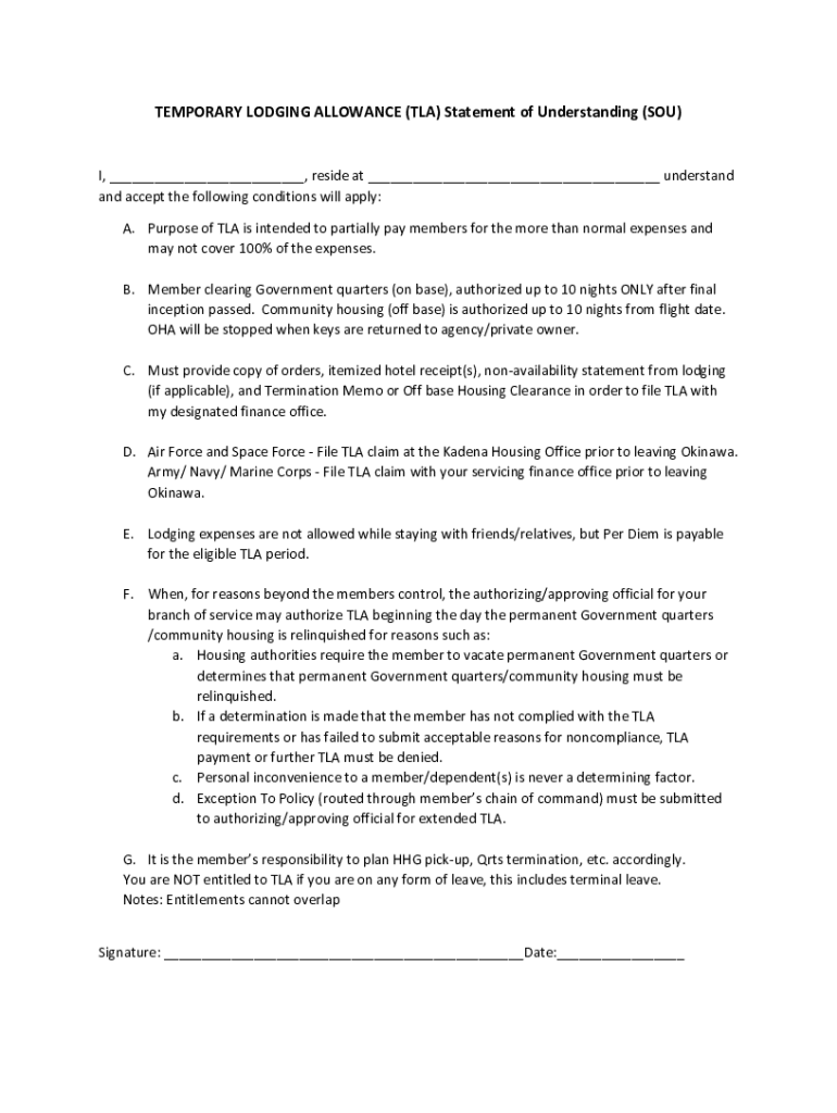 Temporary Lodging Allowance Statement of Understanding - Blank Fillable ...