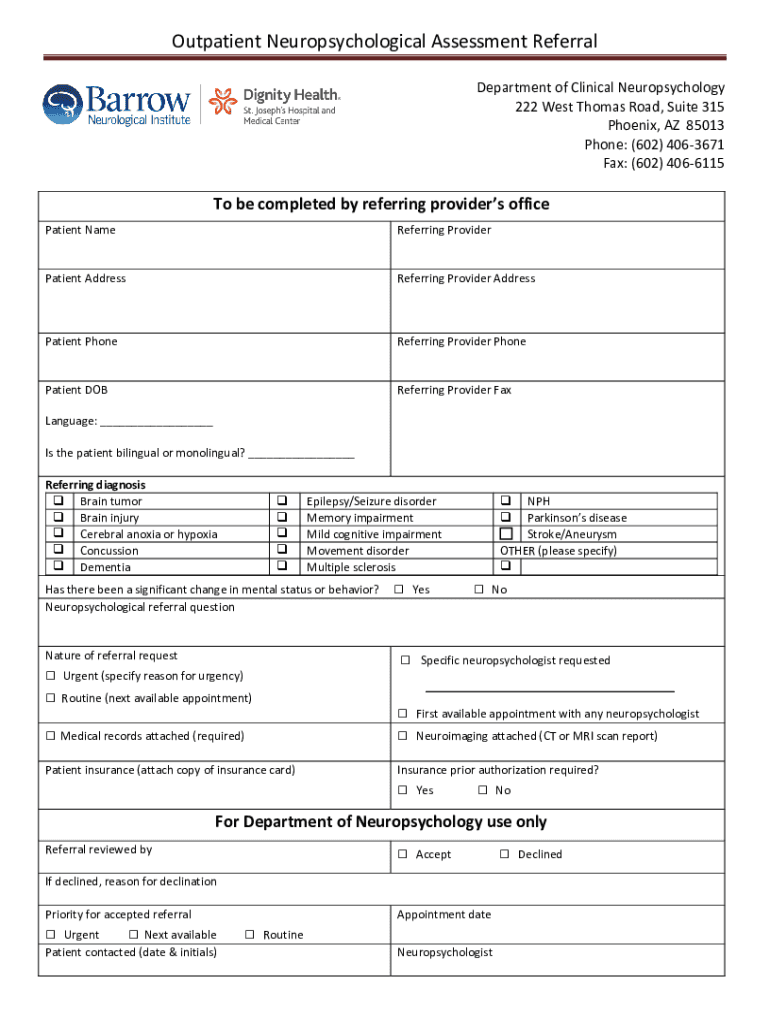 Fillable Online Outpatient Neuropsychological Assessment Referral Fax ...