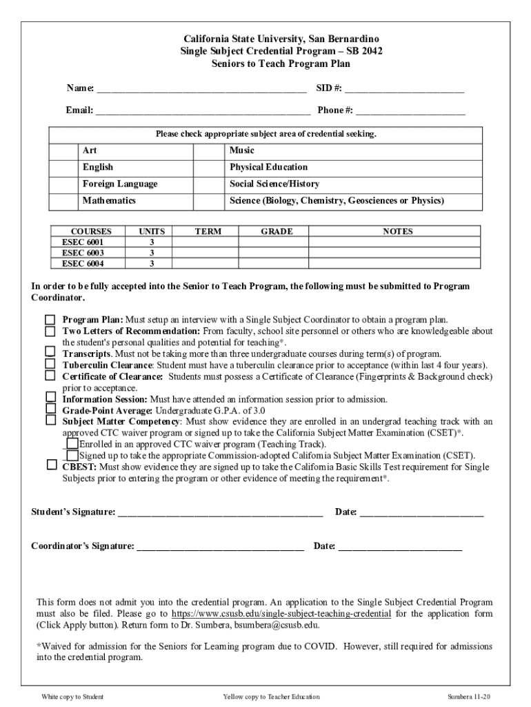 Fillable Online SB 2042 Seniors to Teach Program Plan - San Bernardino ...