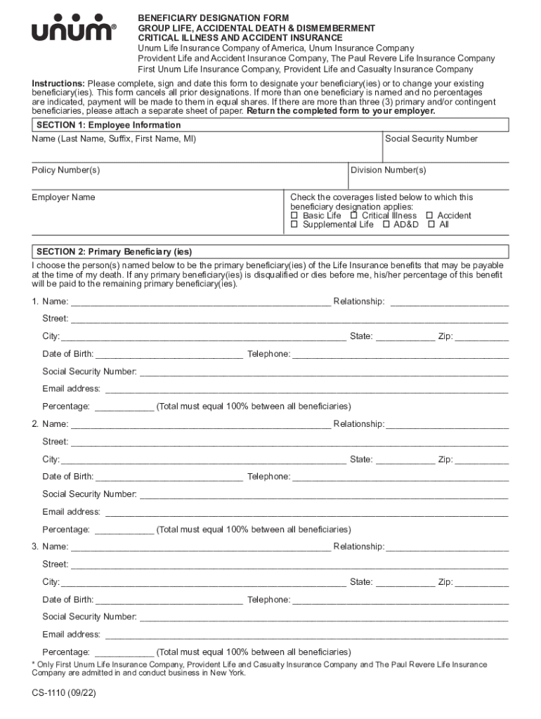 Fillable Online Beneficiary Designation Form Group Life, Accidental ...