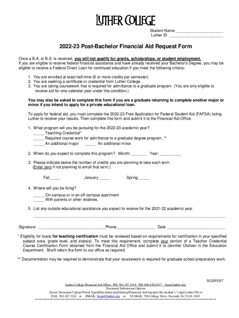 Fillable Online 2022-23 Post-Bachelor Financial Aid Request Form Fax Email Print - pdfFiller