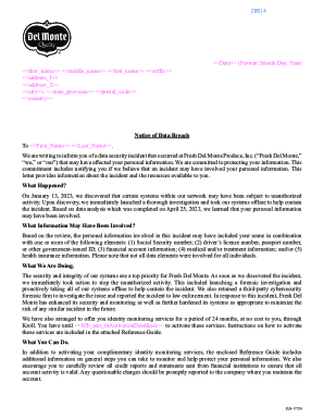 Fillable Online Notice of Data Breach To, We are ... Fax Email Print ...