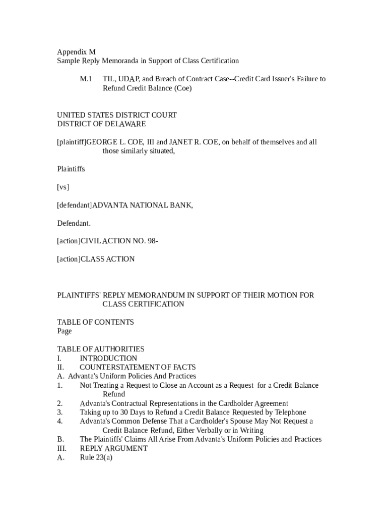 Fillable Online library nclc Class Actions: Appendix M Sample Reply ...