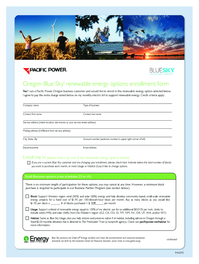 Fillable Online Blue Sky renewable energy options enrollment form Fax ...