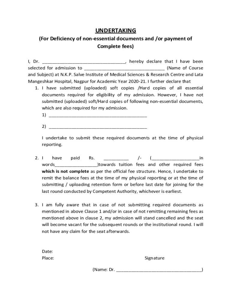 Fillable Online Undertaking for Partial fee payment Fax Email Print - pdfFiller