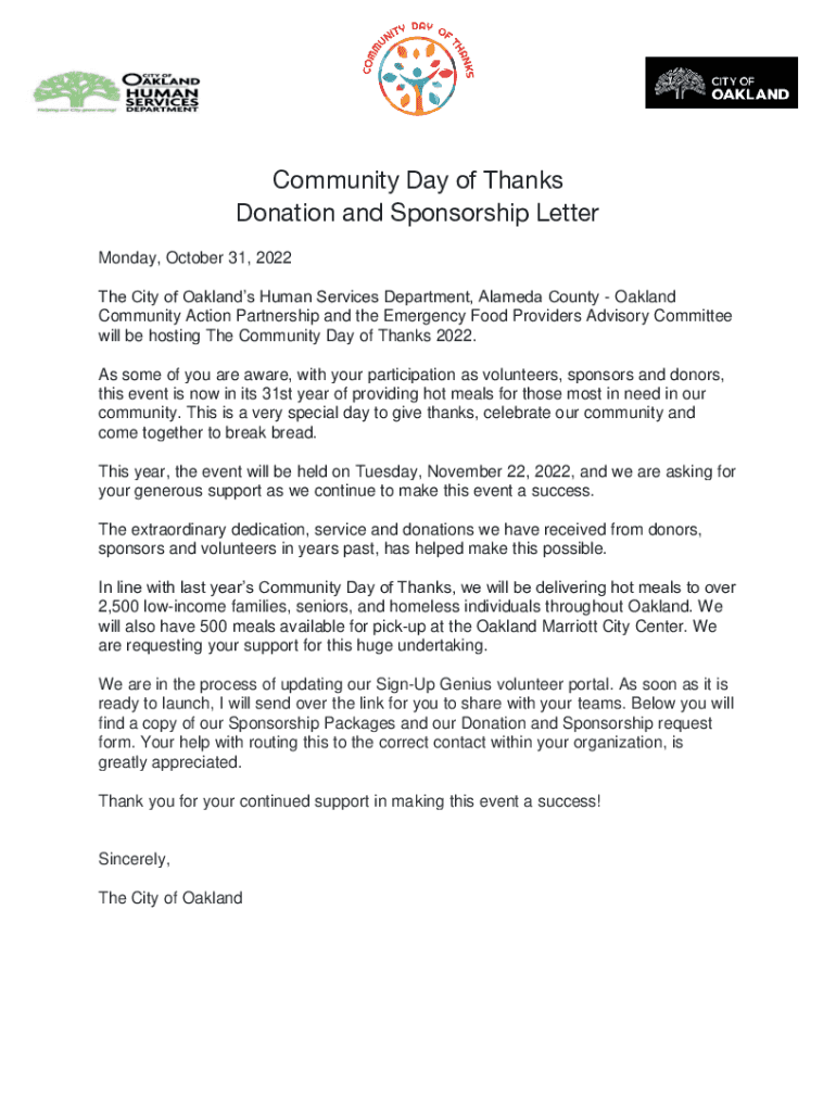 Fillable Online Community Day of Thanks Donation and Sponsorship Letter ...