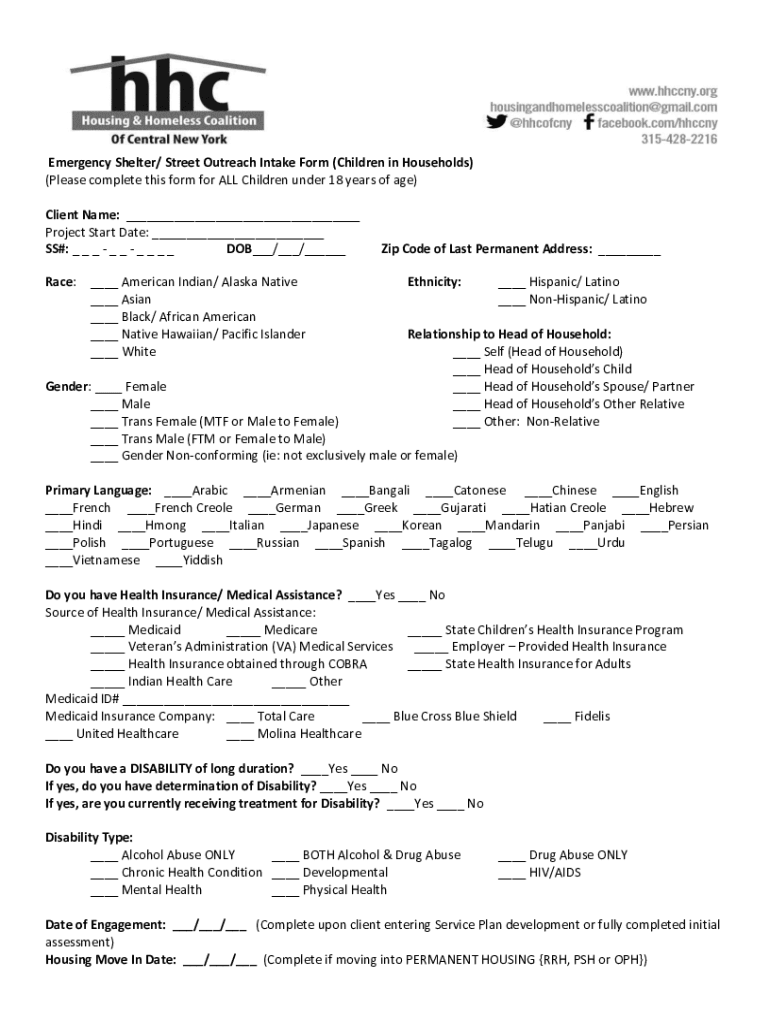Fillable Online Street Outreach Intake Form (Children in Households ...