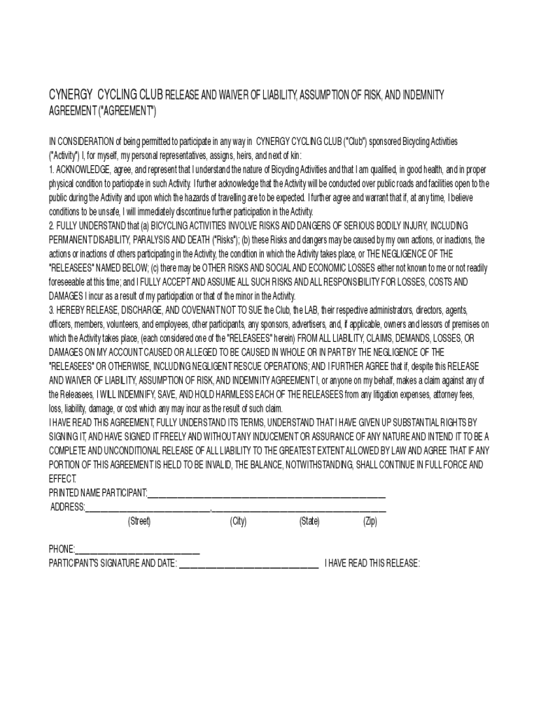 Fillable Online Waiver of Claims; Assumption of the Risk ...