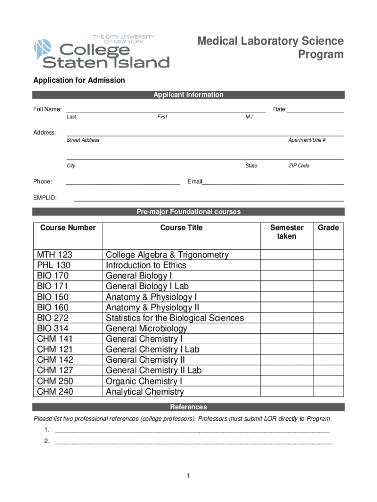 Fillable Online Medical Laboratory Science Program Application Fax ...