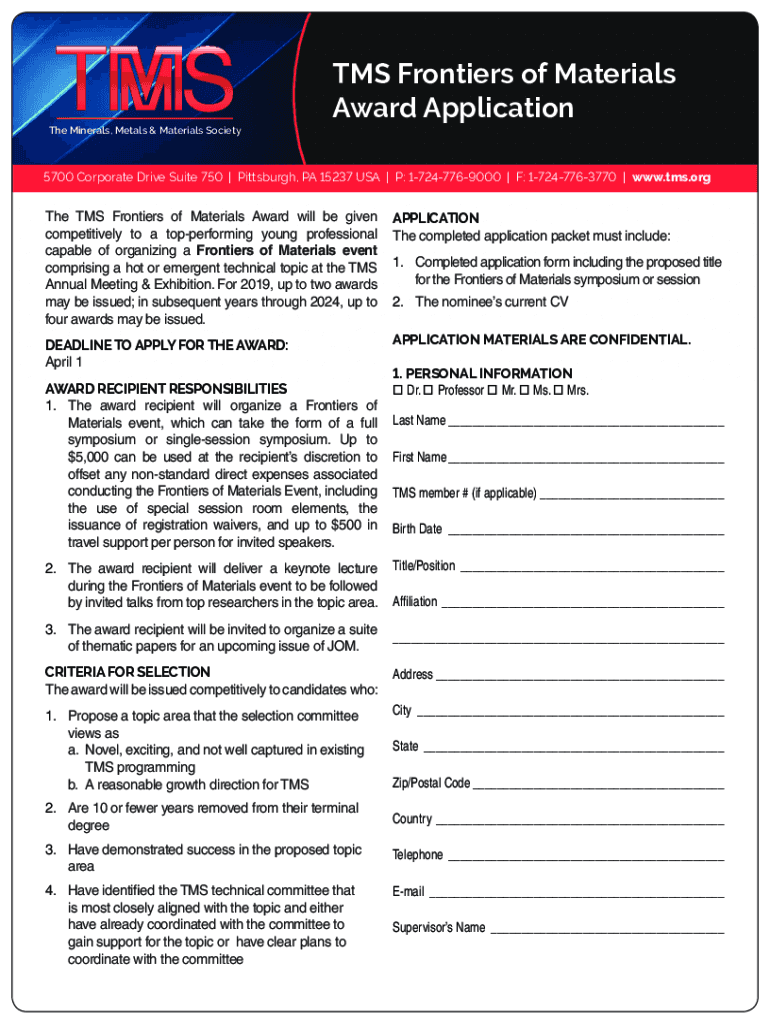Fillable Online TMS Frontiers of Materials Award Application Fax Email ...