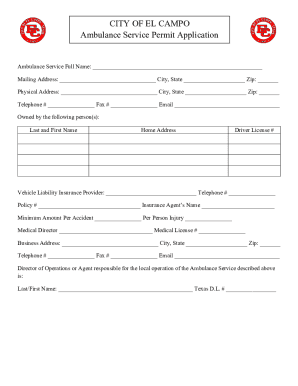 Fillable Online CITY OF EL CAMPO Ambulance Service Permit Application ...