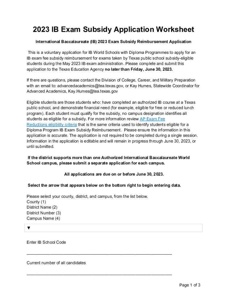 Fillable Online 2023 IB Exam Subsidy Application Worksheet Fax Email Print - pdfFiller