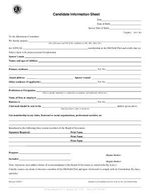 Fillable Online Candidate Information Sheet Fax Email Print - pdfFiller