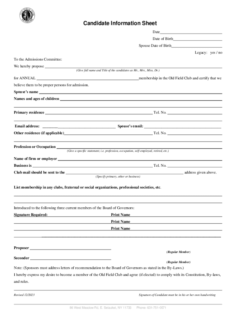 Fillable Online Candidate Information Sheet Fax Email Print - pdfFiller