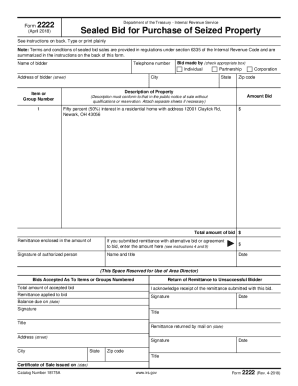 Fillable Online Form 2222, Sealed Bid Form - Department of the Treasury ...