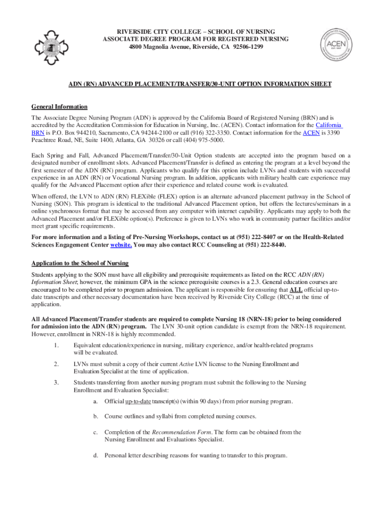 Fillable Online adn (rn) advanced placement/transfer/30-unit option ...
