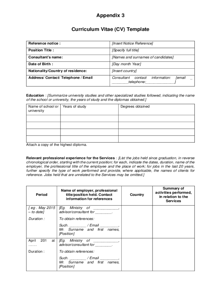 Fillable Online Appendix 3 Curriculum Vitae (CV) Template Fax Email ...