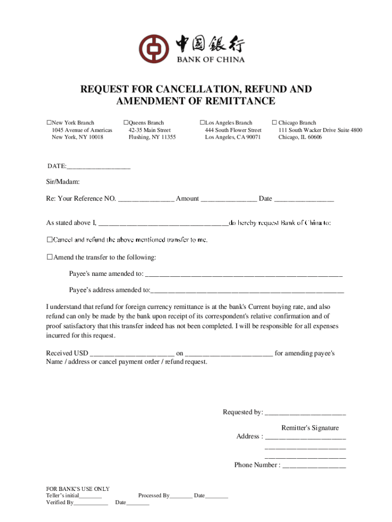 Fillable Online Request for Cancellation, Refund and Amendment of ...
