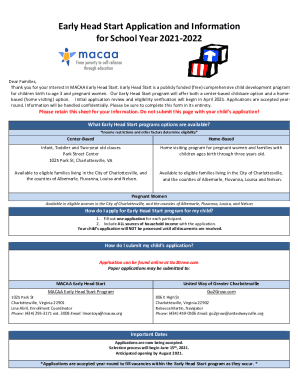 Fillable Online Early Head Start Application and Information for School ...