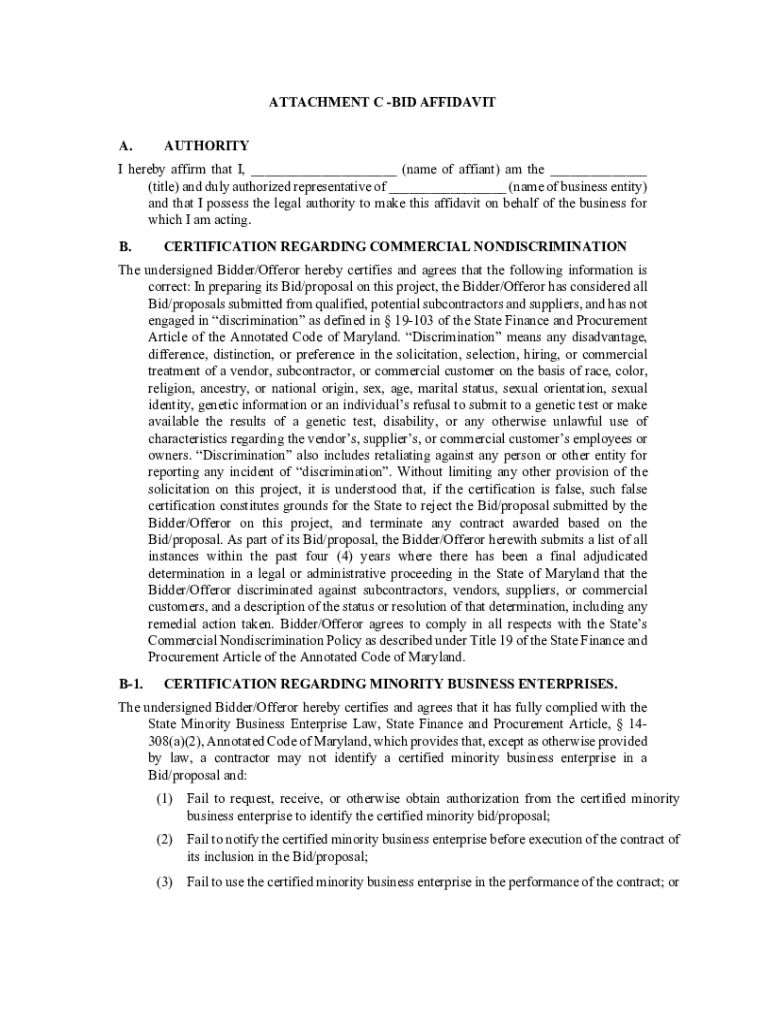 Fillable Online Attachment No. 3 Contract Affidavit A. AUTHORITY I ...