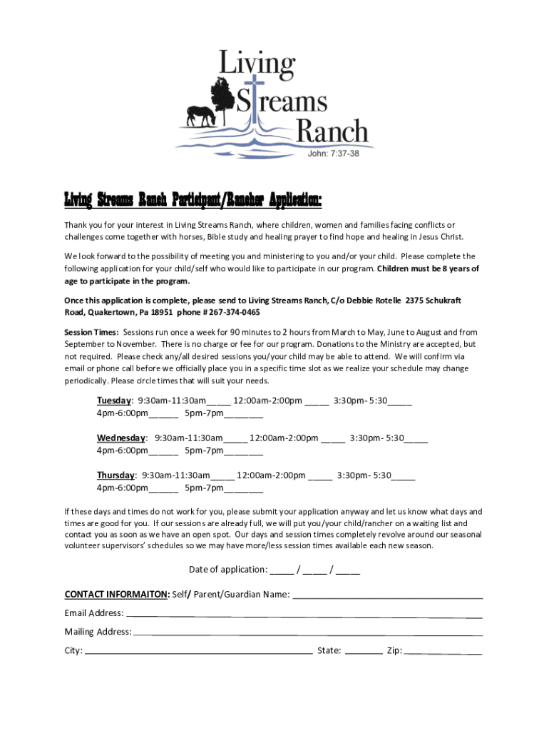 Fillable Online Living Streams Ranch Participant/Rancher Application ...