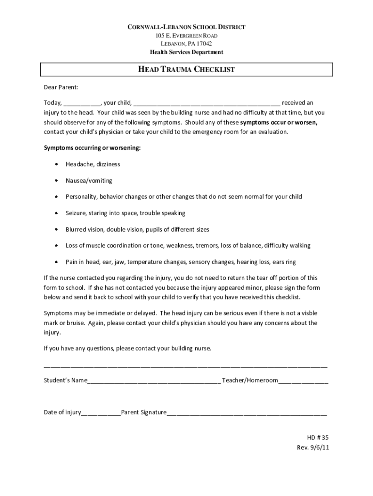 Fillable Online HEAD TRAUMA CHECKLIST Dear Parent: Today Fax Email ...