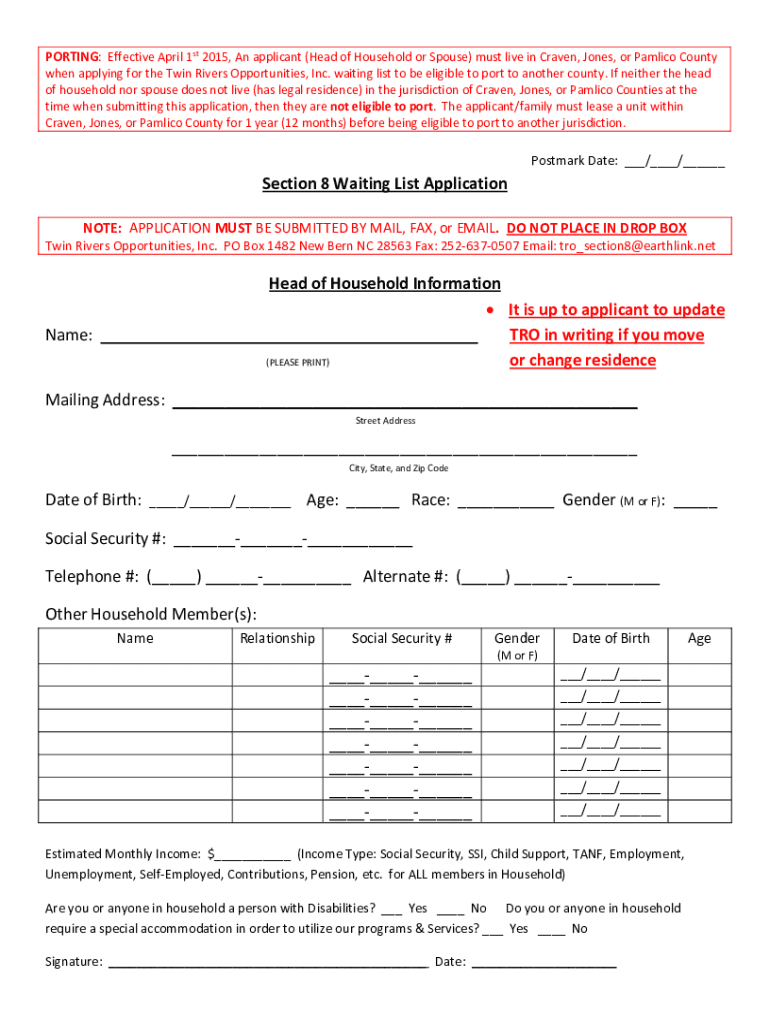Fillable Online Section 8 Waiting List Application Head of Household ...