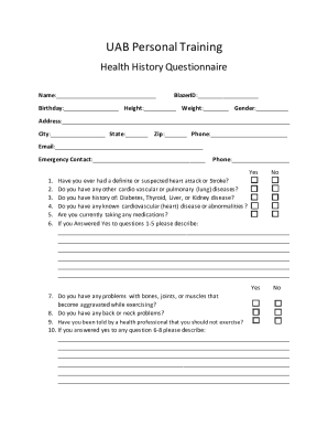 Fillable Online Health History Questionnaire - UAB Personal Training ...