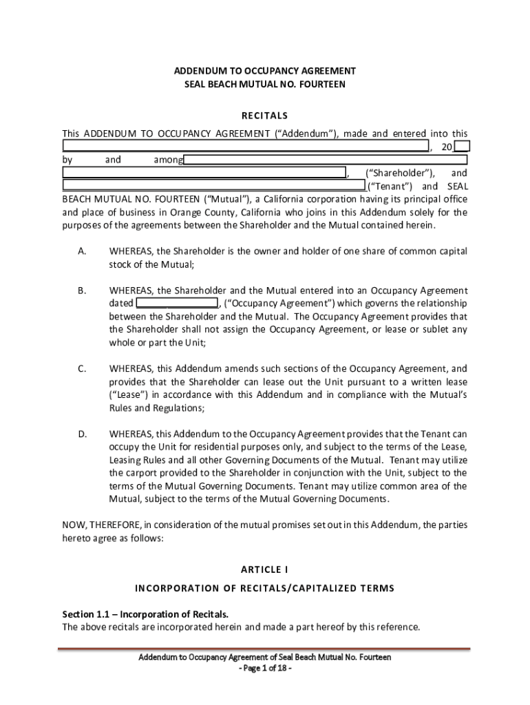 Fillable Online Addendum to Occupancy Agreement of Seal Beach ... - Mutual 14 Fax Email Print ...