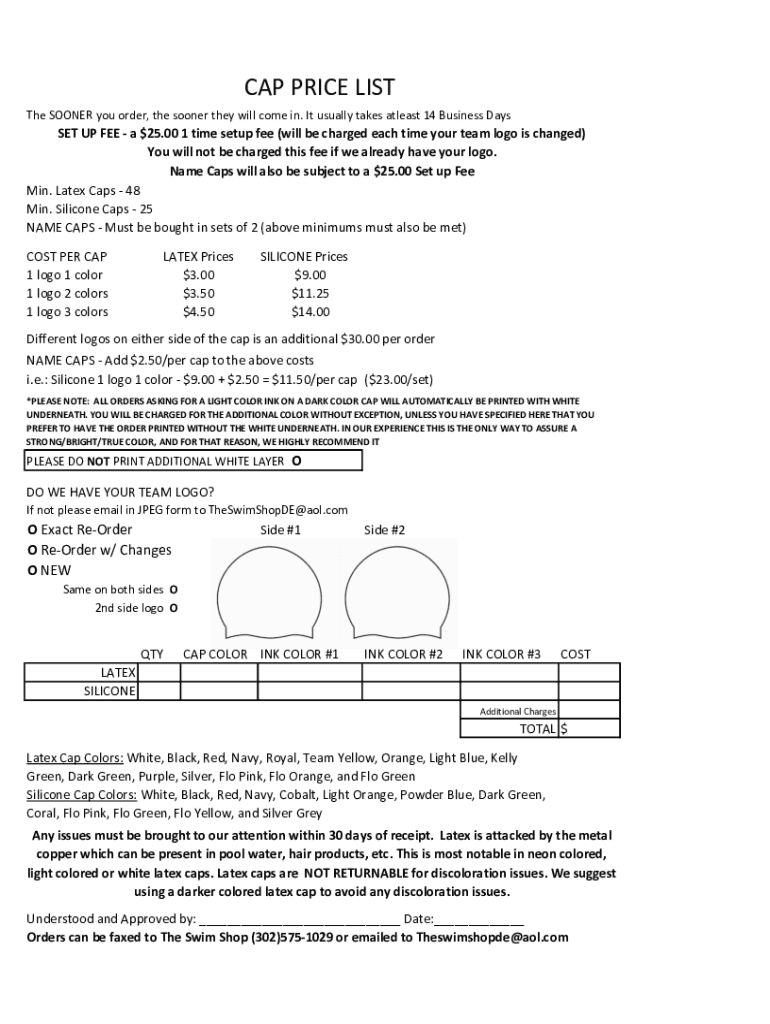 Fillable Online CAP PRICE LIST - The Swim Shop Fax Email Print - pdfFiller