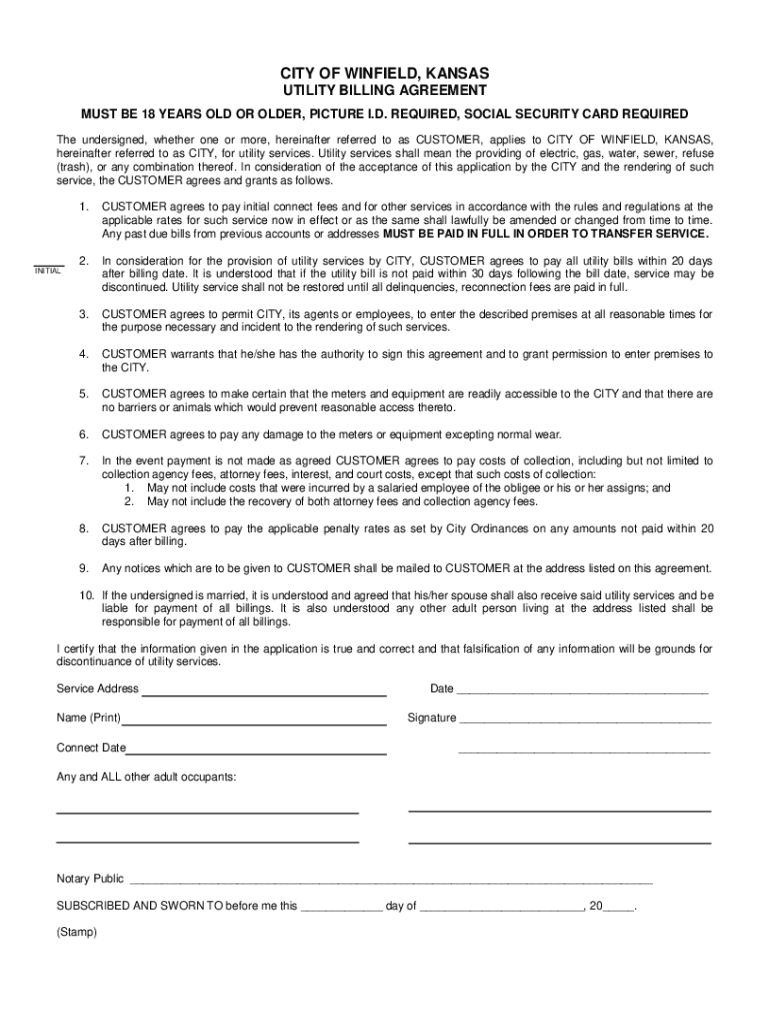 Fillable Online city of winfield, kansas - utility billing agreement ...