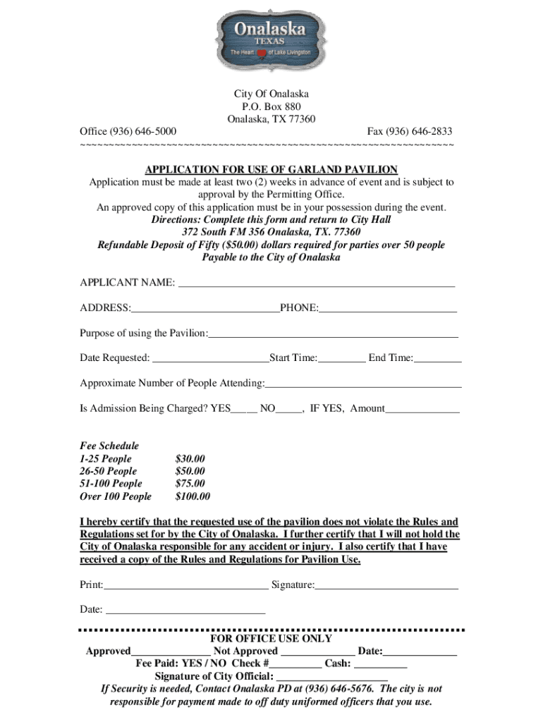 Fillable Online Application for Use of Garland Pavilion Fax Email Print - pdfFiller