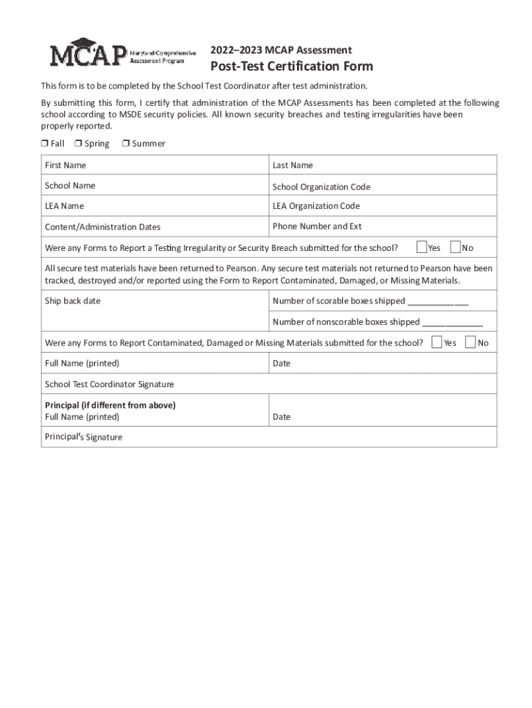 Fillable Online 20222023 MCAP Assessment - Post-Test Certification Form ...