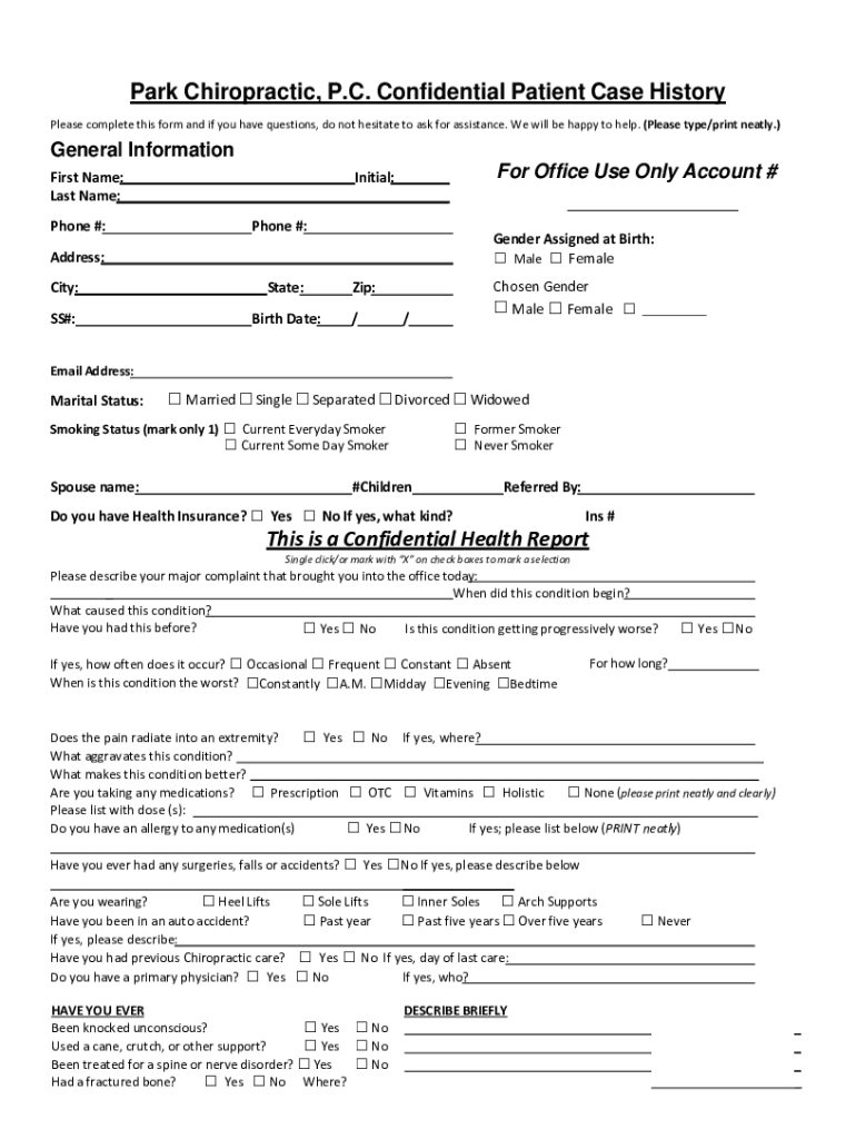 Fillable Online Park Chiropractic, P.C. Confidential Patient Case ...